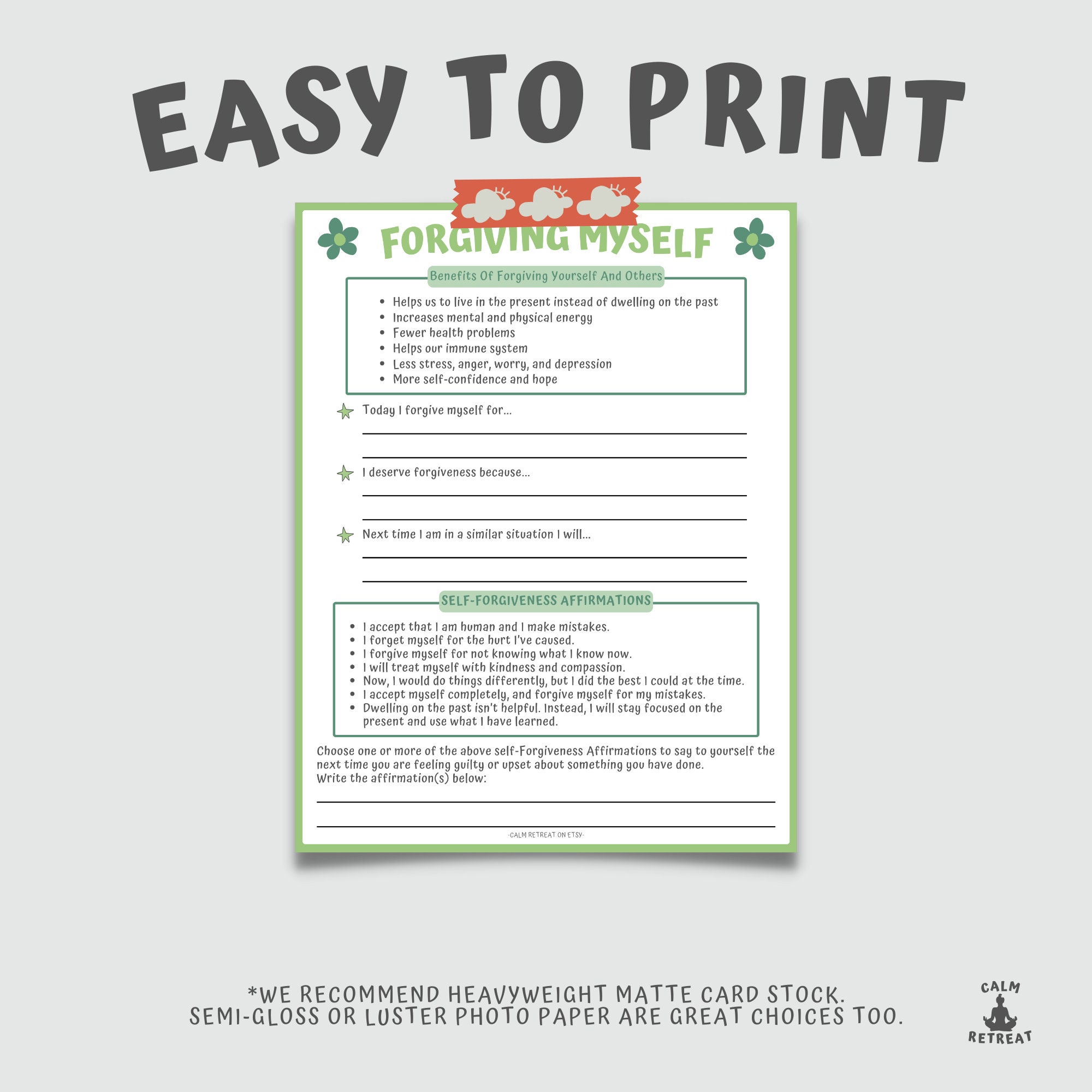 Self-esteem Fillable Worksheet for Kids Teens, Forgiving Myself, Self ...