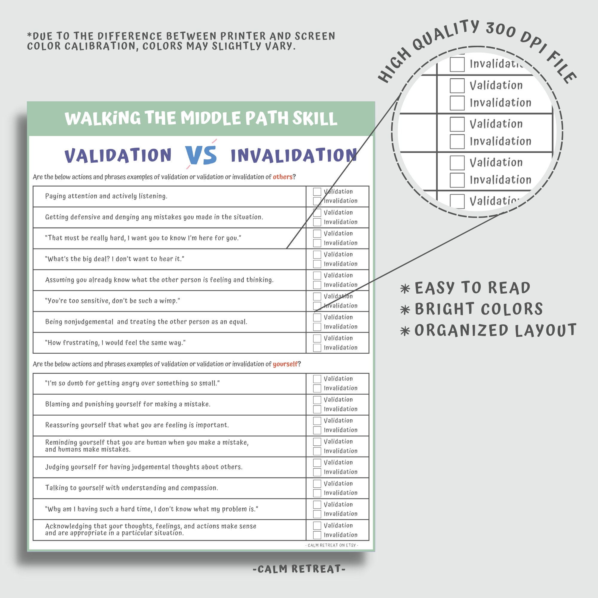 DBT Validation Worksheet: Interpersonal Skills, Middle Path (PDF ...