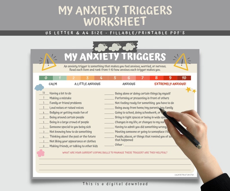 Anxiety Triggers Fillable Worksheet Kids Children With Anxiety Scale ...