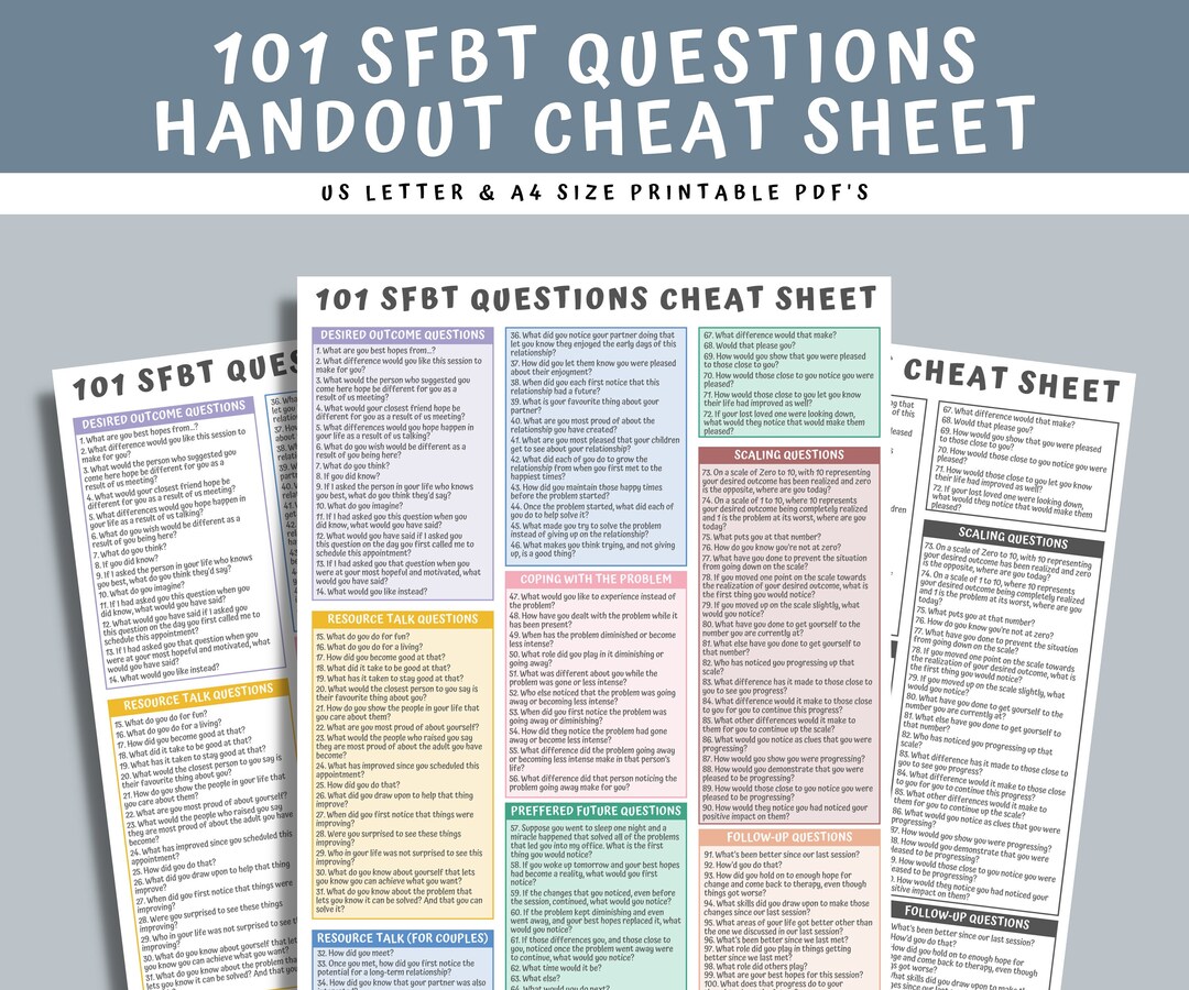 101 Solution Focused Therapy Questions Cheat Sheet, SFBT Worksheet for ...