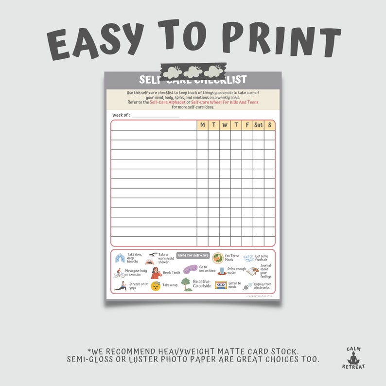 Self-care Checklist Worksheet Kids Teens Young Adults, Mental Health ...