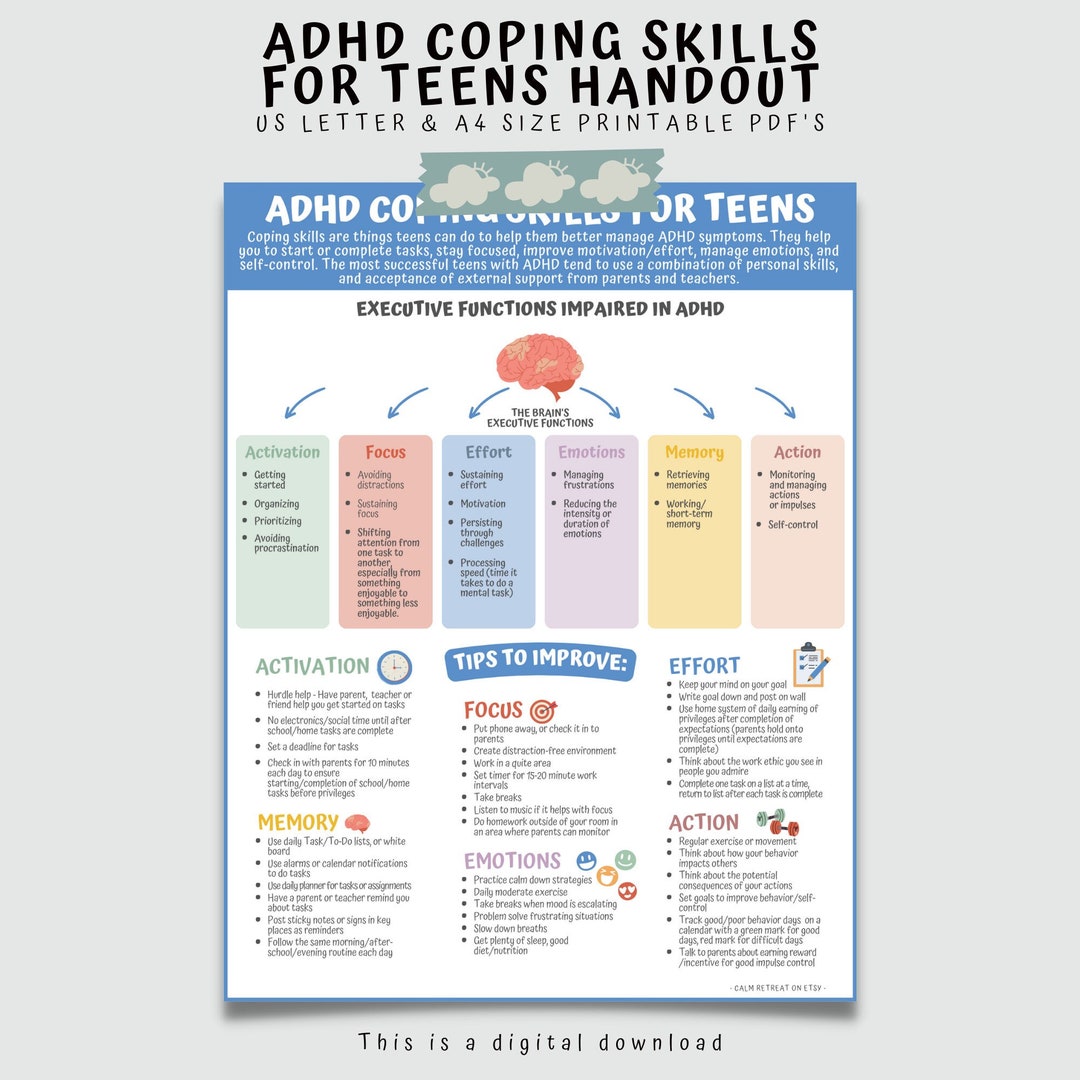 ADHD Coping Skills Handout Poster for Teens Executive - Etsy