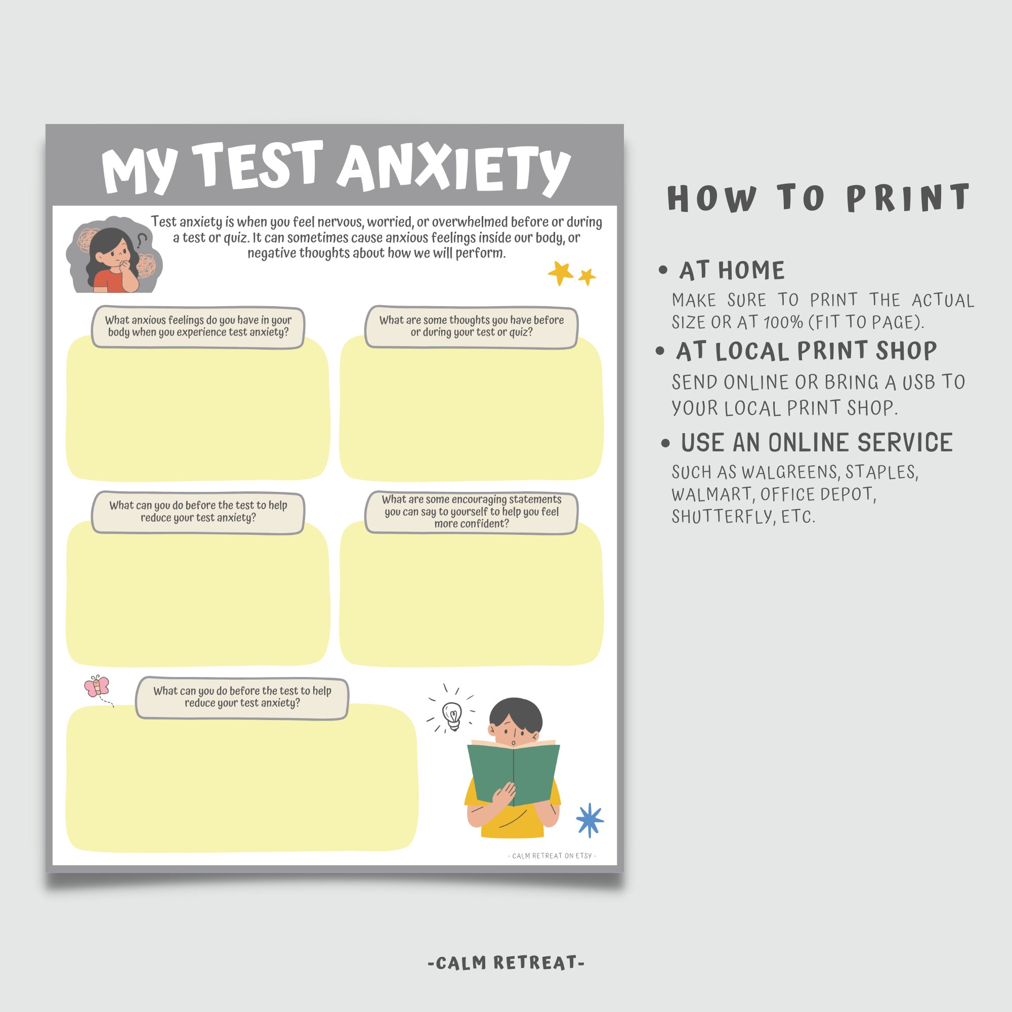Test Anxiety Fillable Worksheet for Kids Teens, Printable Child Therapy ...