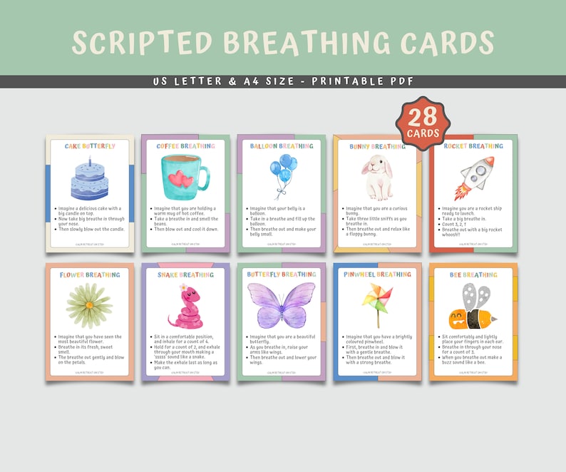 28 Scripted Mindfulness Breathing Cards for Kids, Anxiety Relief Tool ...