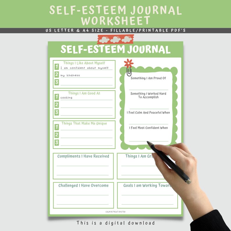 Self-esteem Journal Printable Worksheet, Child Therapy, Kids Teens ...