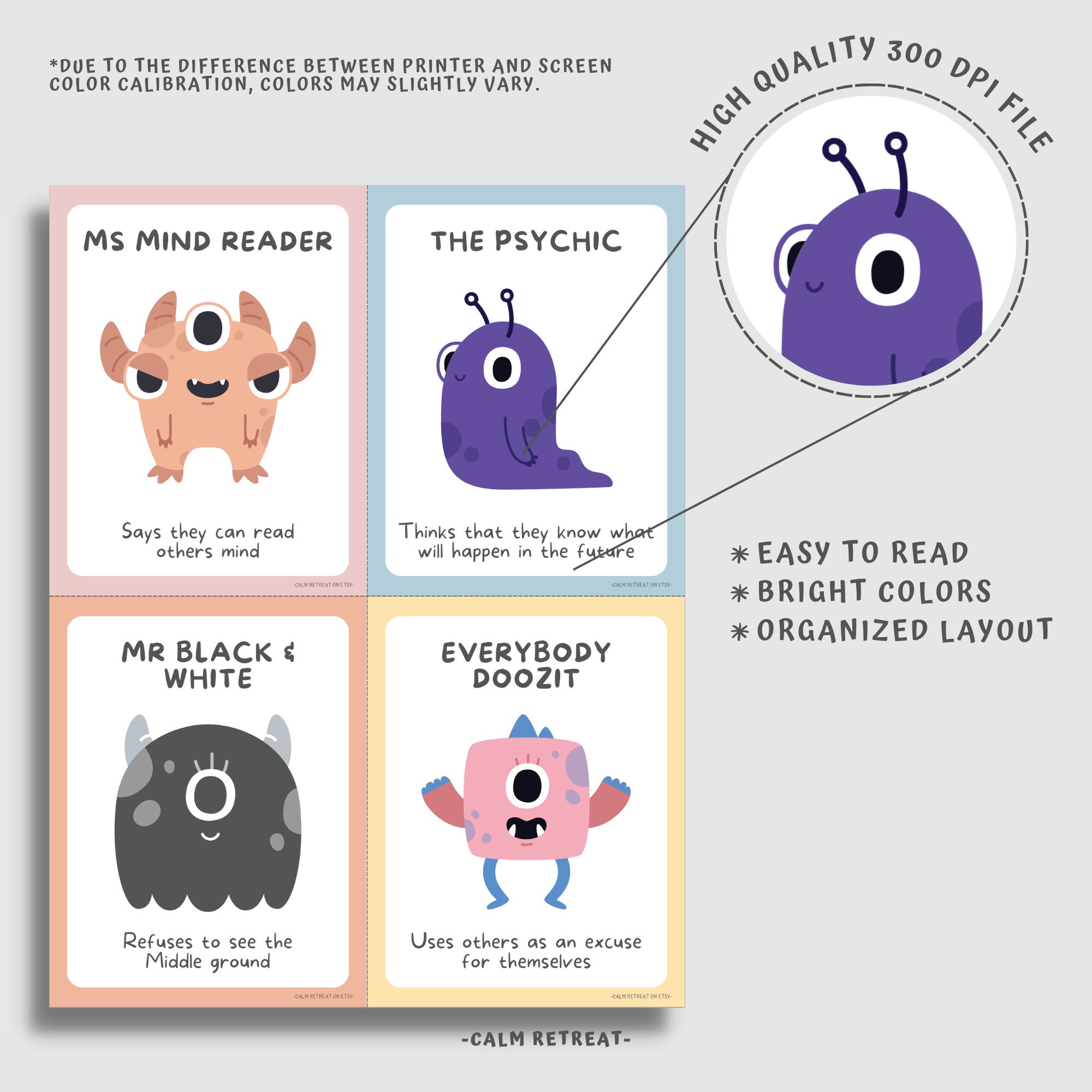 Thinking Trap Cards for Kids and Teens, 12 Thought Monsters Flashcard ...