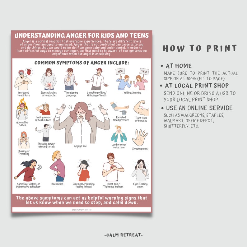 Anger Printable Handout for Kids & Teens, Understanding Anger Relief ...