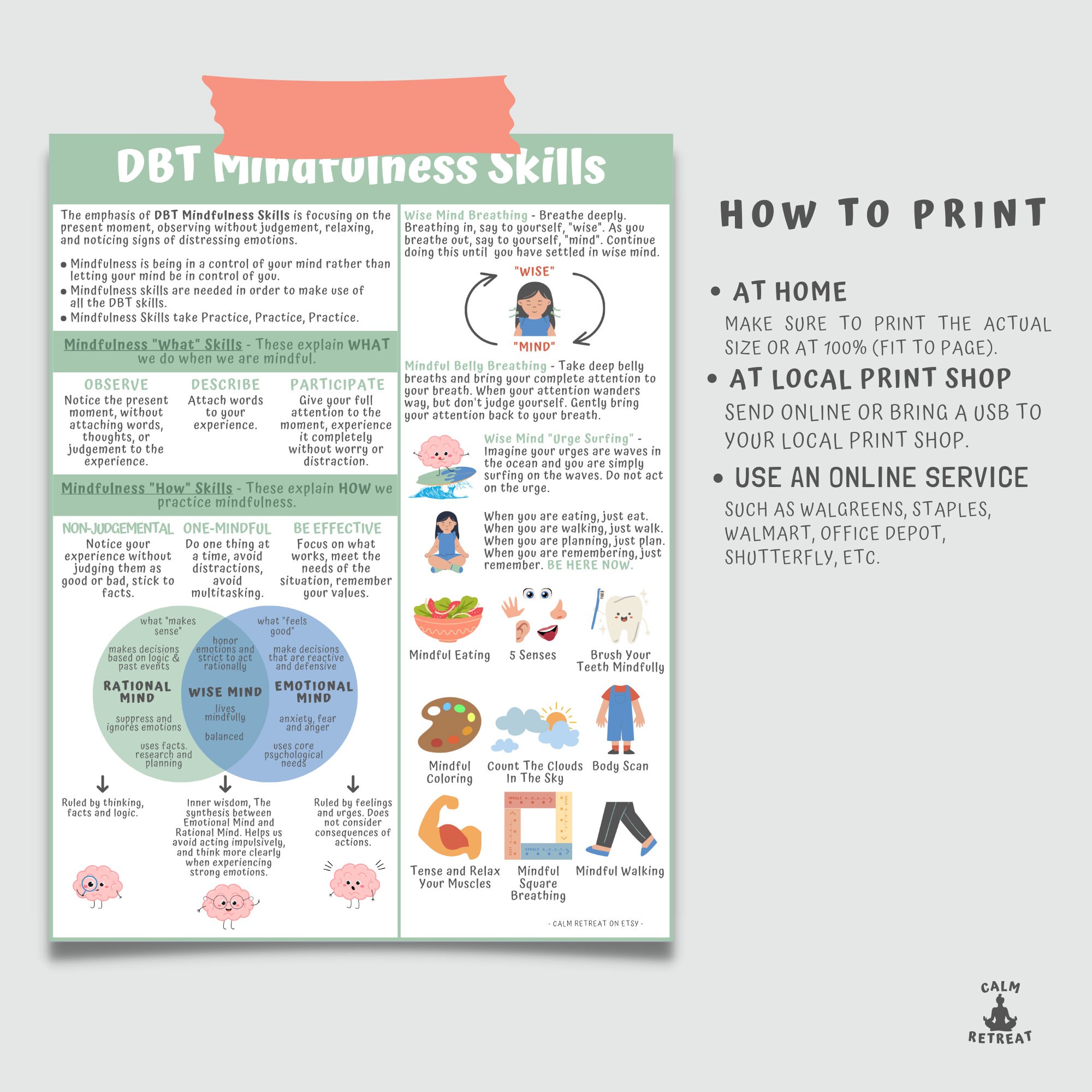 DBT Mindfulness Coping Skills Handout Poster, Therapist Counselor, Wise ...