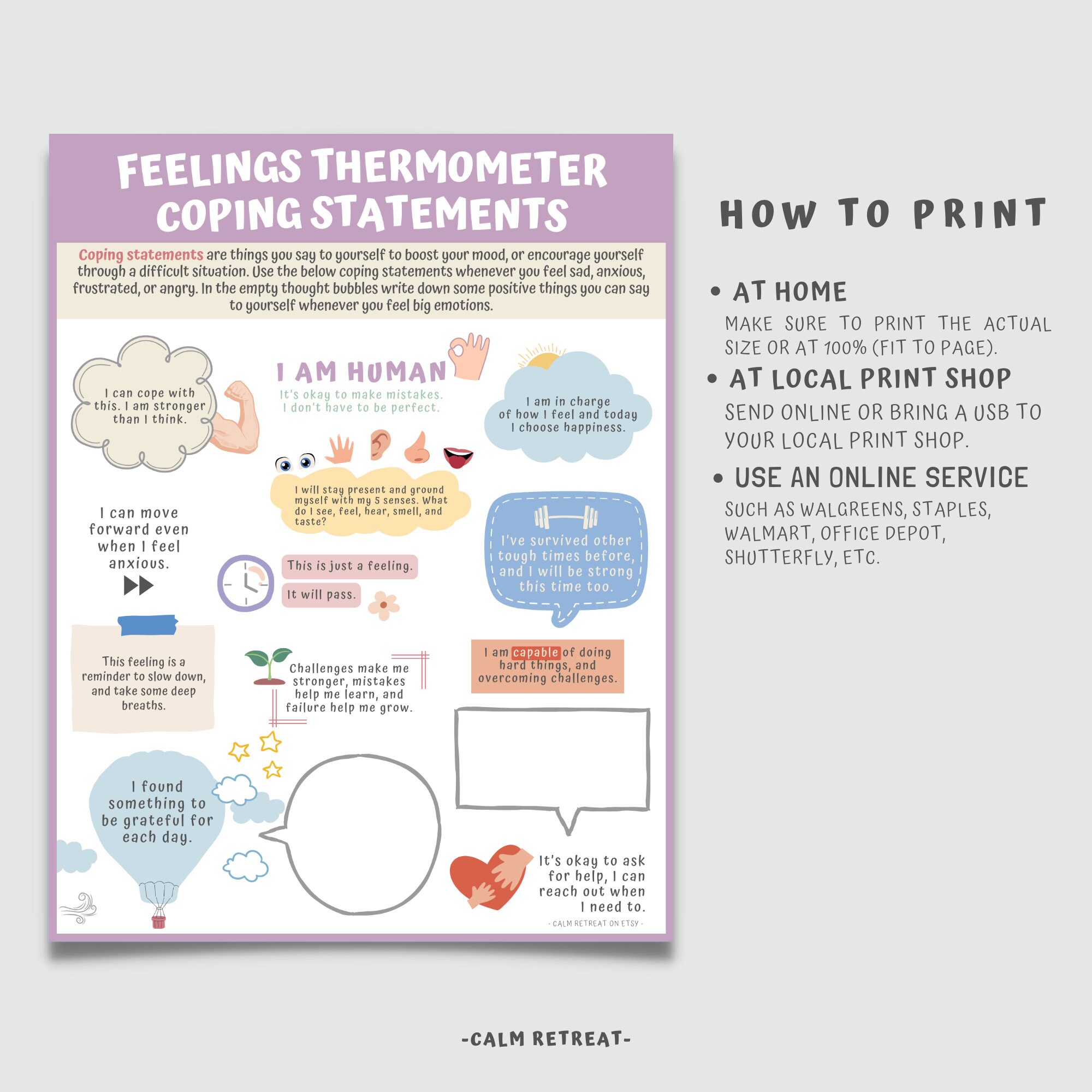 Feelings Thermometer Coping Statements, Coping Skills Worksheets for ...