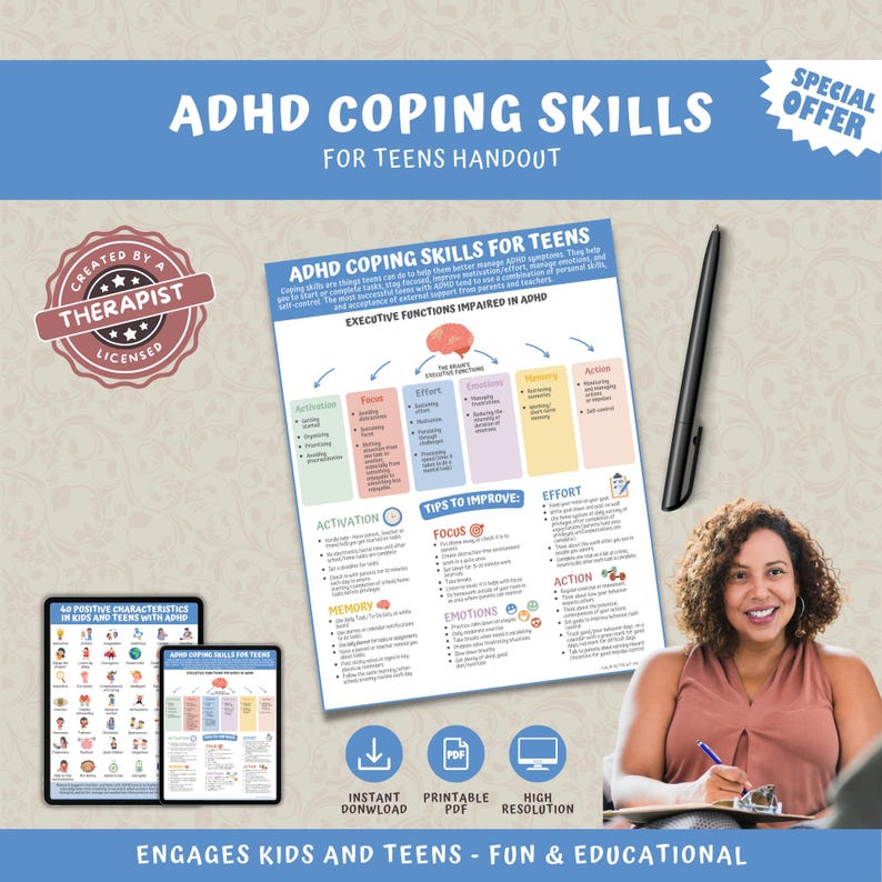 ADHD Coping Skills Handout Poster for Teens: Executive Functioning Strategies (PDF Download ...