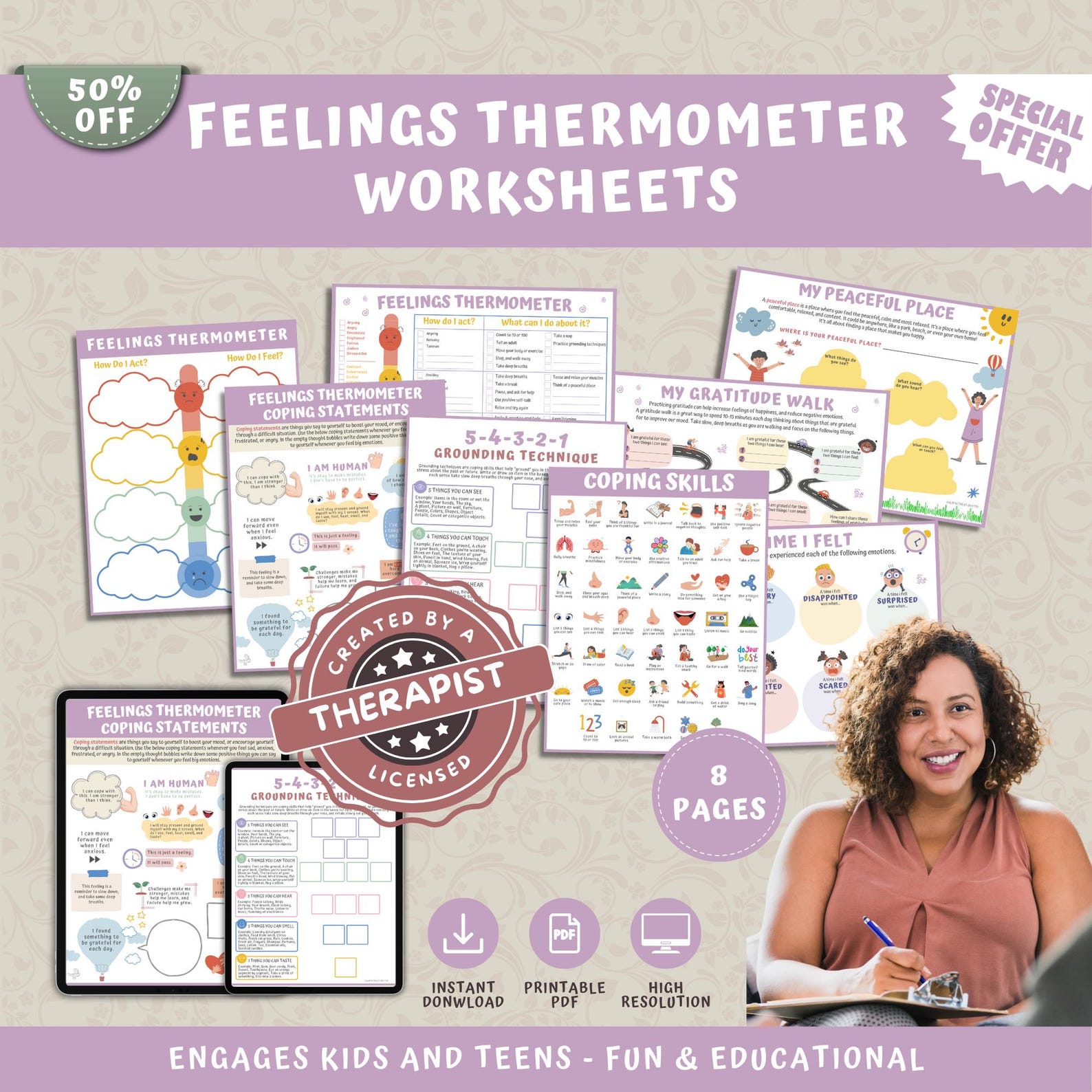 Feelings Thermometer Coping Skills Worksheets: Child Therapy (PDF ...