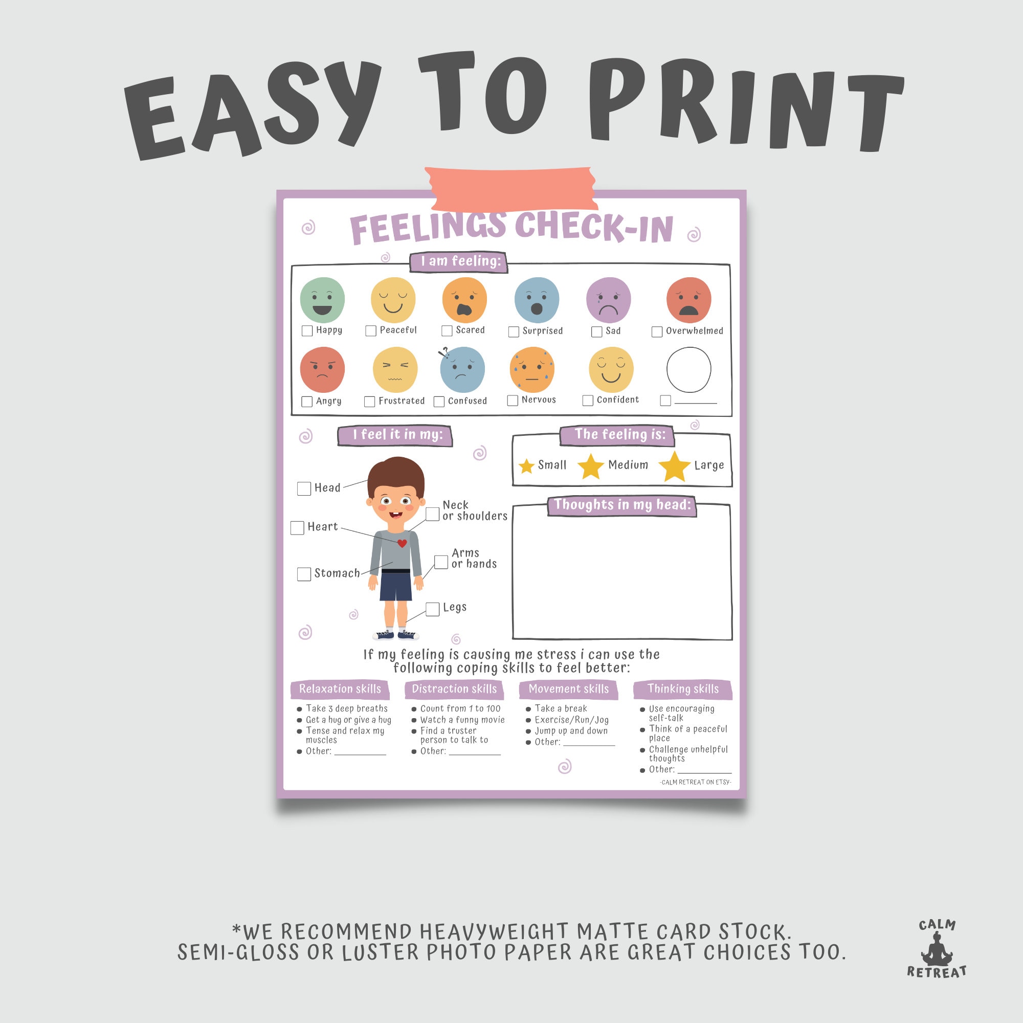 Feelings Check-in Worksheet for Kids, Emotions Identification via ...