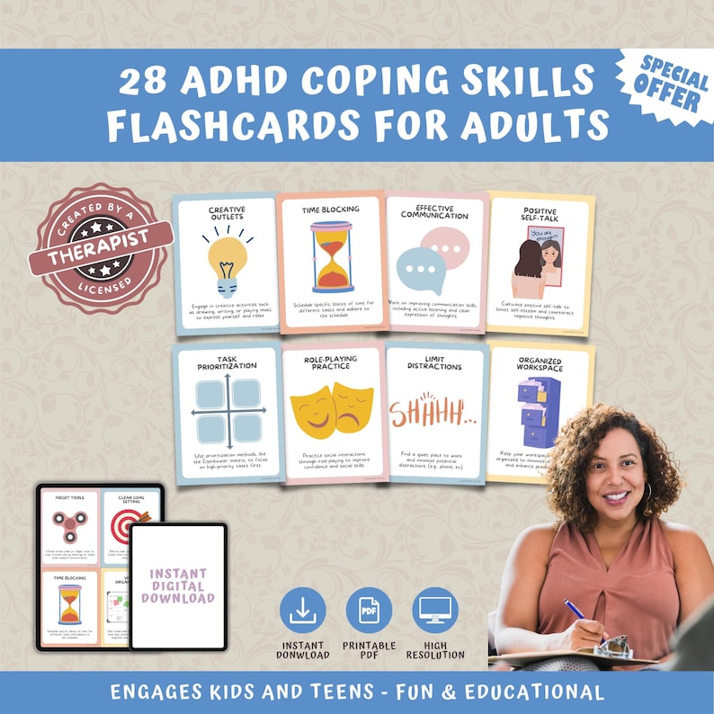 ADHD Coping Skills Flashcards for Adults: Grounding & Calming ...