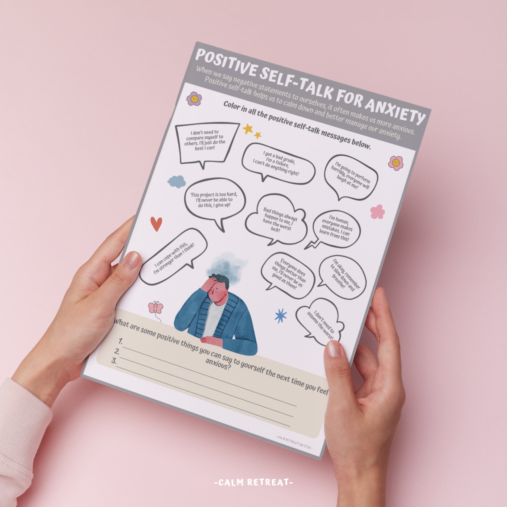 Positive Self-talk for Anxiety Worksheet: CBT Coping Skills (digital ...