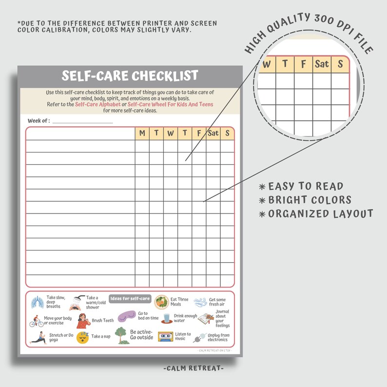 Self-care Checklist Worksheet Kids Teens Young Adults, Mental Health ...
