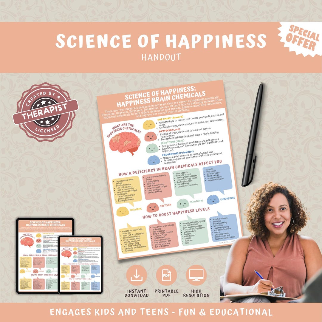 Happiness Brain Chemicals Handout: Mental Health Guide for Kids & Teens ...