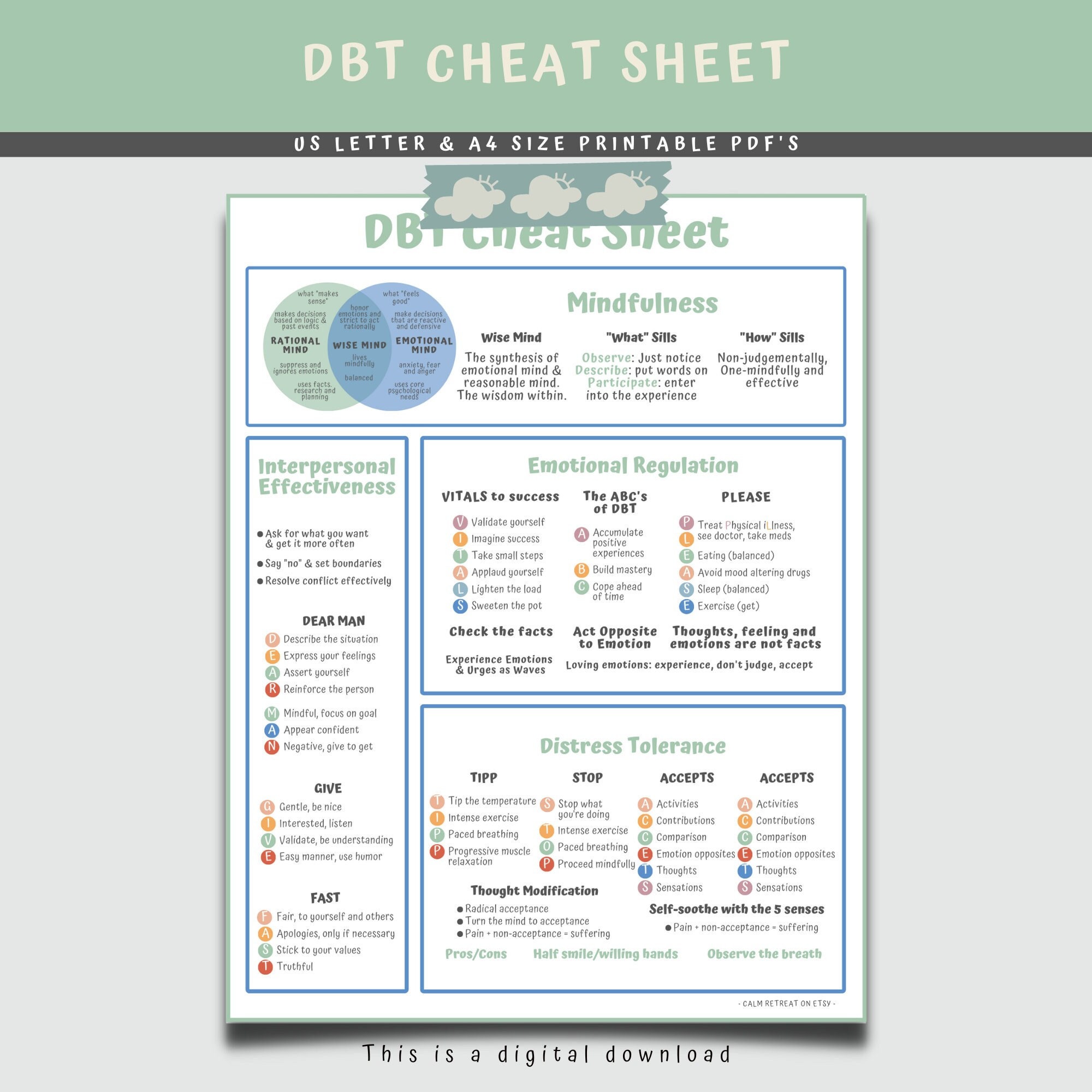 DBT Cheat Sheet, DBT Skills, Borderline, Bpd, Therapy Worksheet, Mental ...