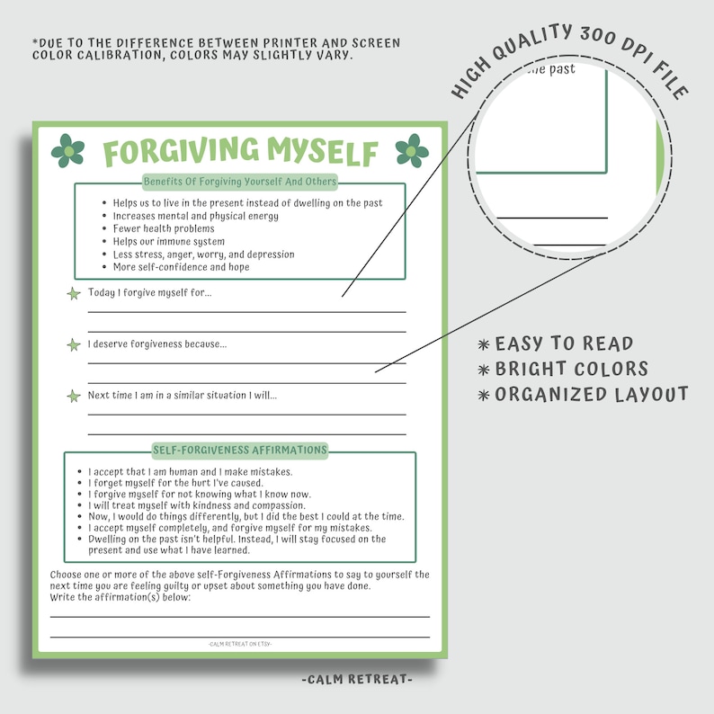 Self-esteem Fillable Worksheet for Kids Teens, Forgiving Myself, Self ...