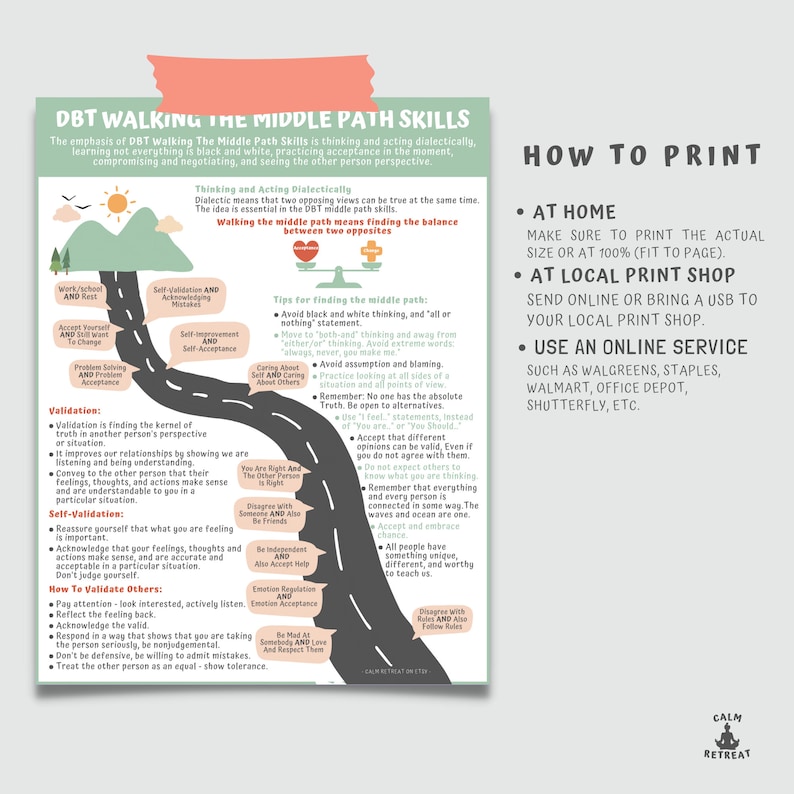 DBT Walking the Middle Path Skills Handout: Therapy Counseling Poster ...