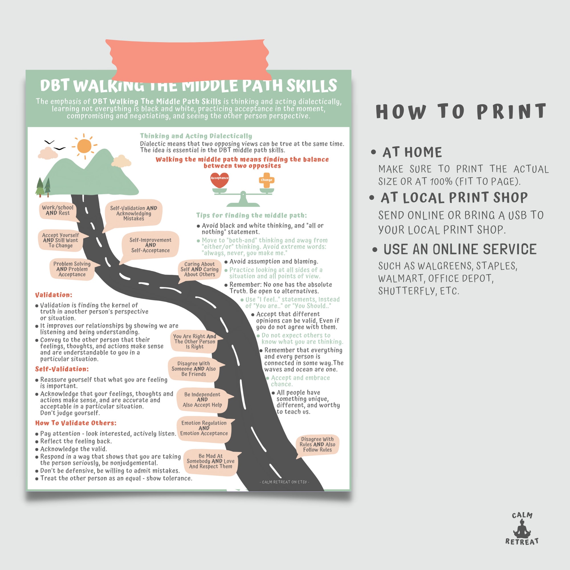 DBT Walking the Middle Path Skills Handout: Therapy Counseling Poster ...