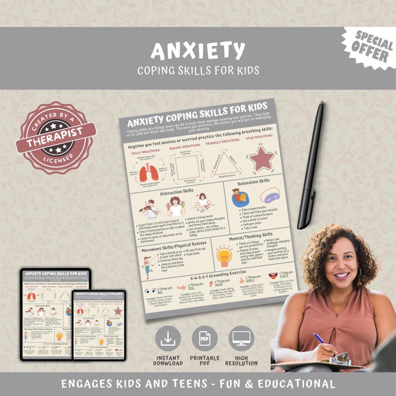 Anxiety Coping Skills Handout for Kids: Calming Techniques (digital ...