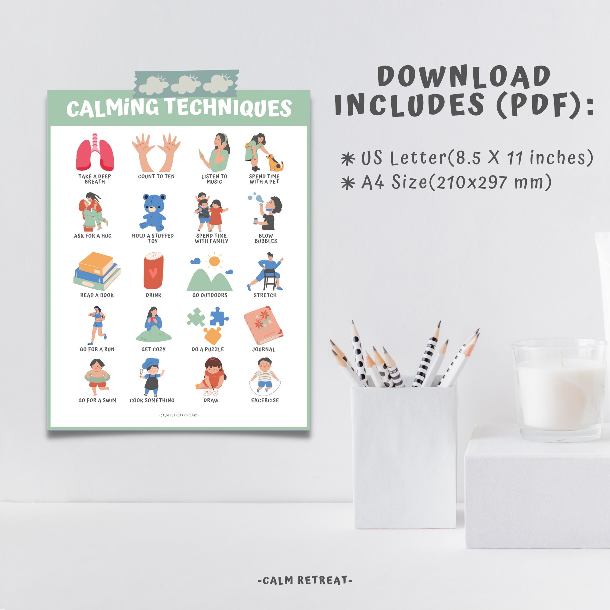 20 Calming Techniques Chart for Kids Teens, Grounding Strategies Print ...