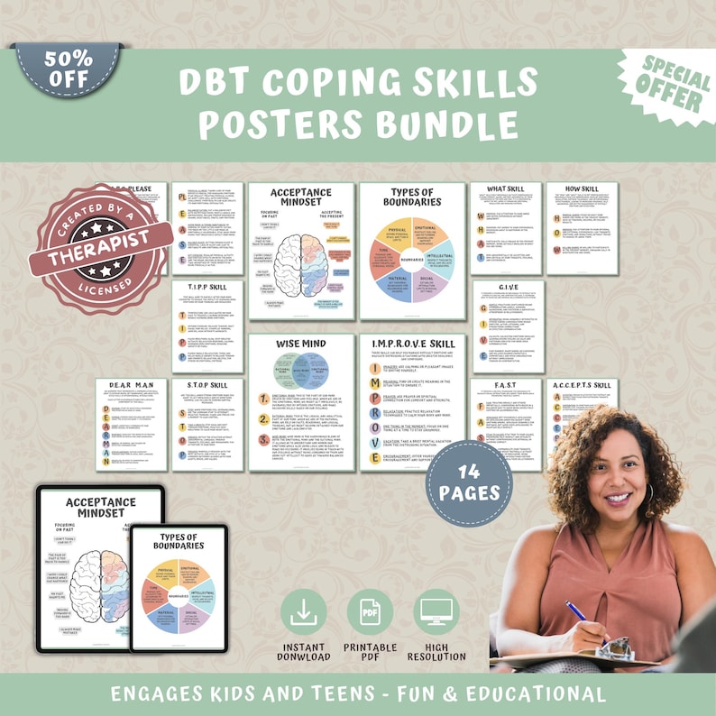 DBT Coping Skills Posters: Mental Health, Anxiety Relief (digital ...