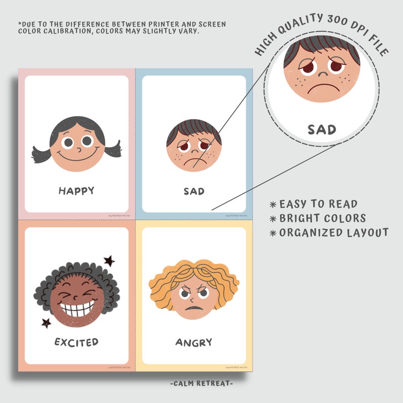 20 Feelings Emotions Flashcards for Kids & Teens, Montessori Preschool ...