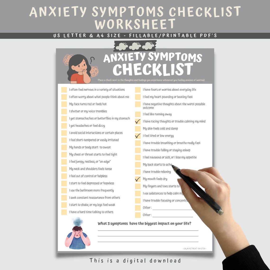 Anxiety Symptoms Checklist Worksheet for Kids & Teens, Adolescent Worry ...