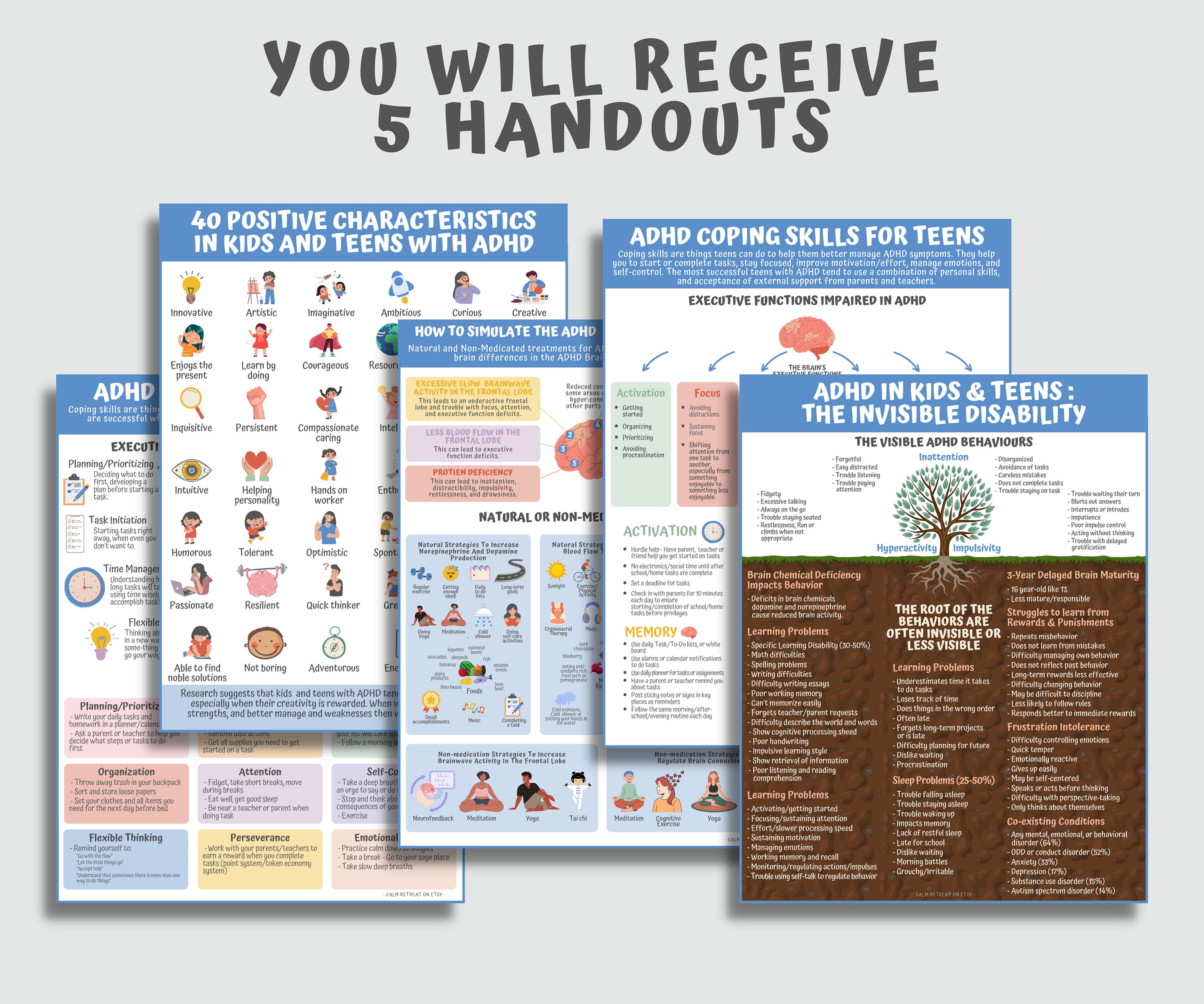 5 ADHD Printable Handout Bundle for Kids & Teens, Child Therapy Posters ...