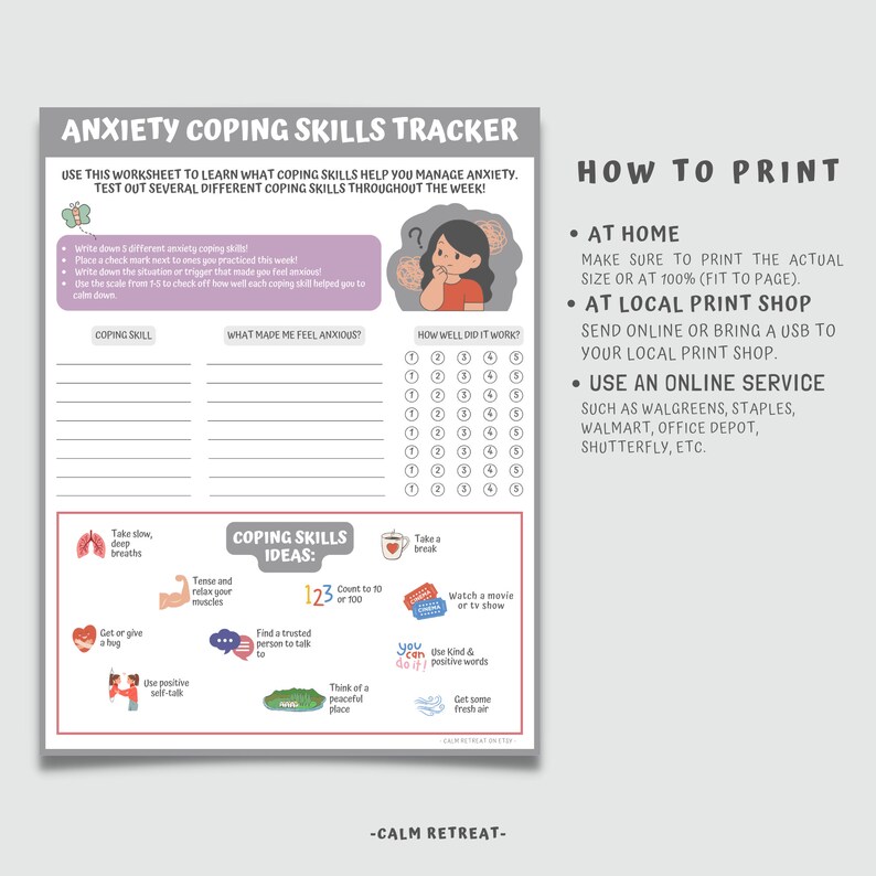 Anxiety Coping Skills Tracker Fillable Worksheet Kids, Mental Health ...