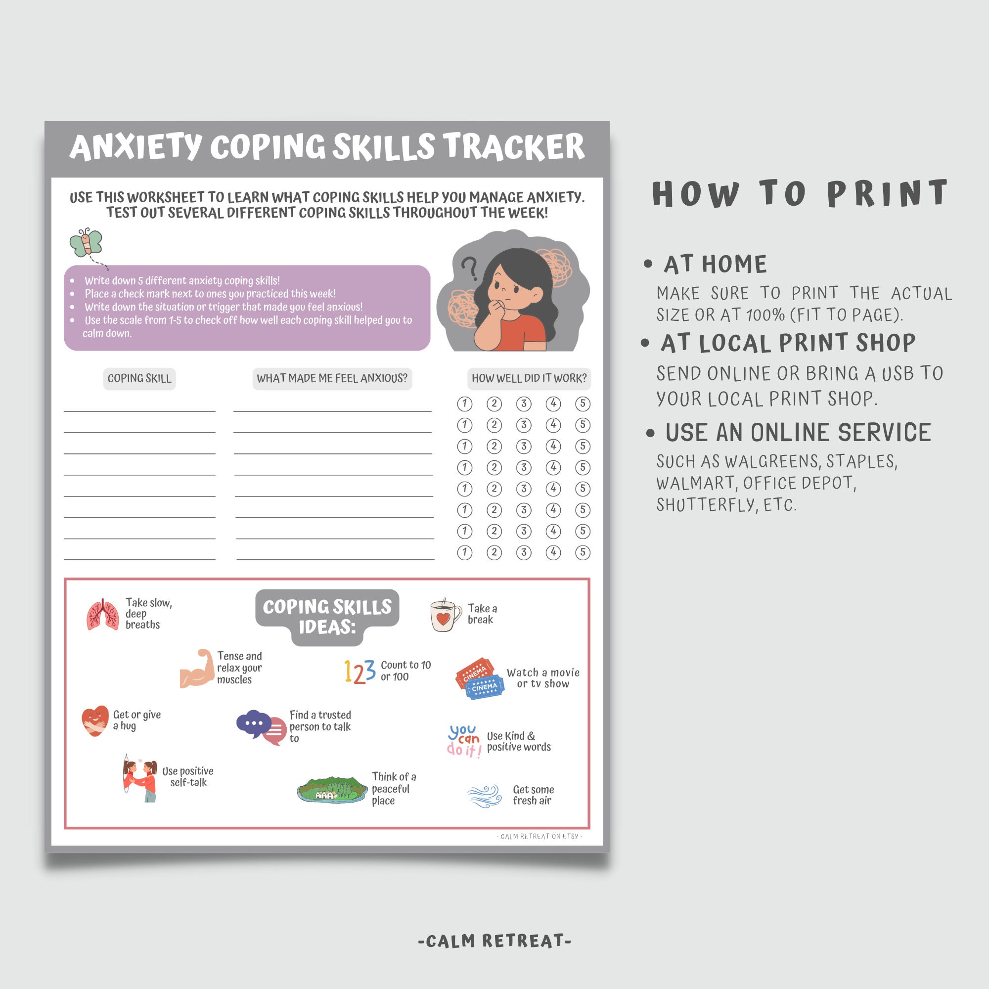 Anxiety Coping Skills Tracker Fillable Worksheet Kids, Mental Health ...