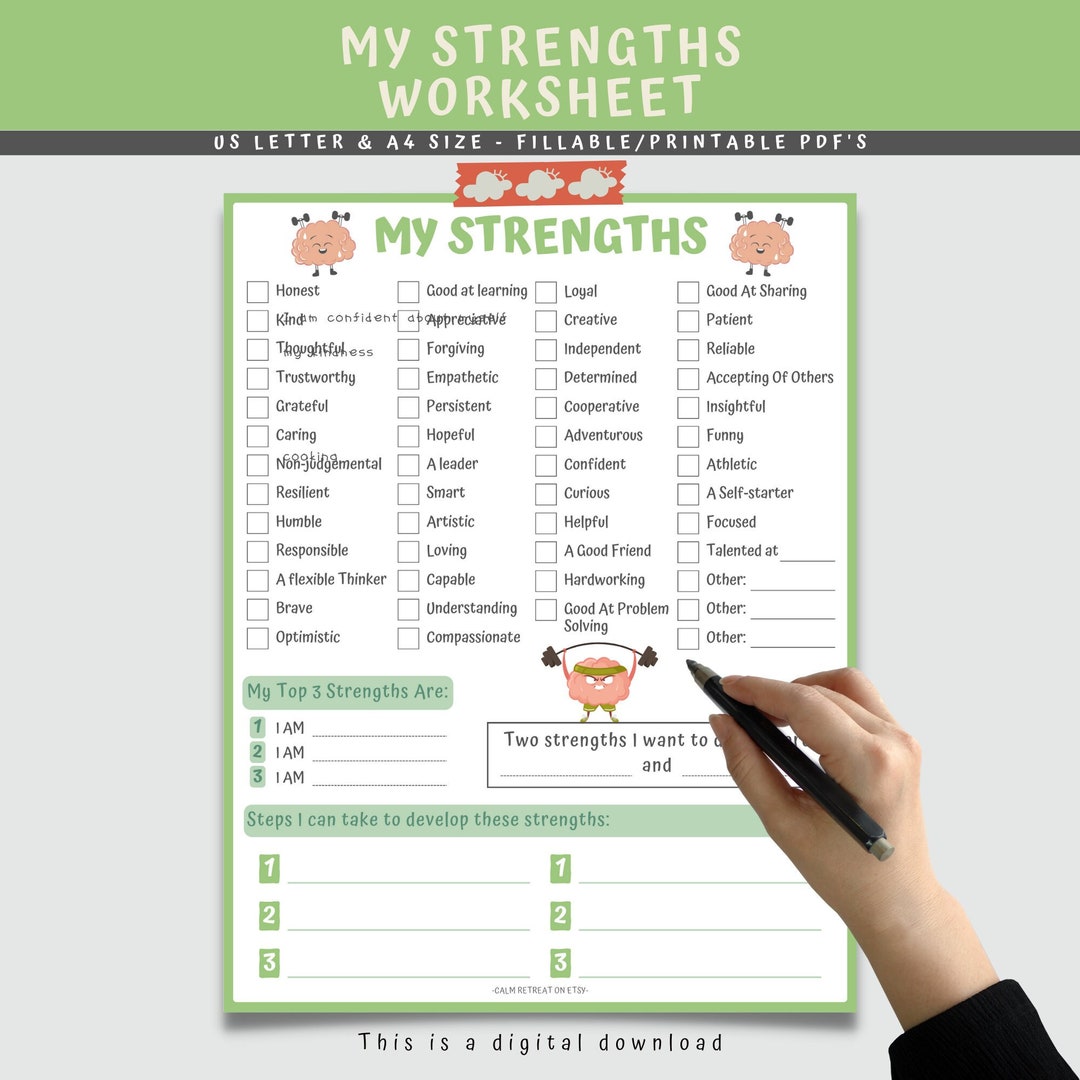 My Strengths Self-esteem Fillable Worksheet Kids Teens Mental Health ...