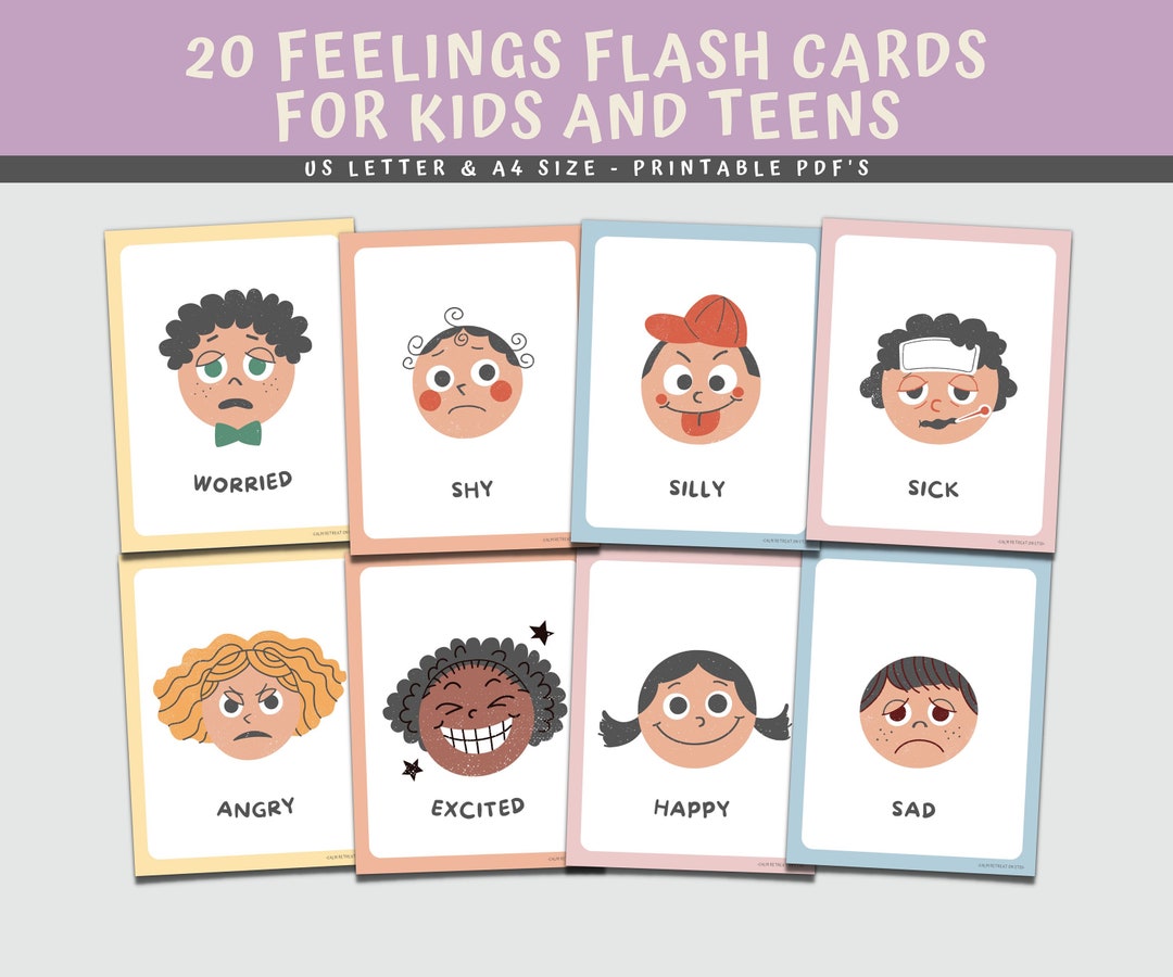 20 Feelings Emotions Flashcards for Kids & Teens, Montessori Preschool ...
