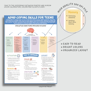 ADHD Coping Skills Handout Poster for Teens, Executive Functioning ...