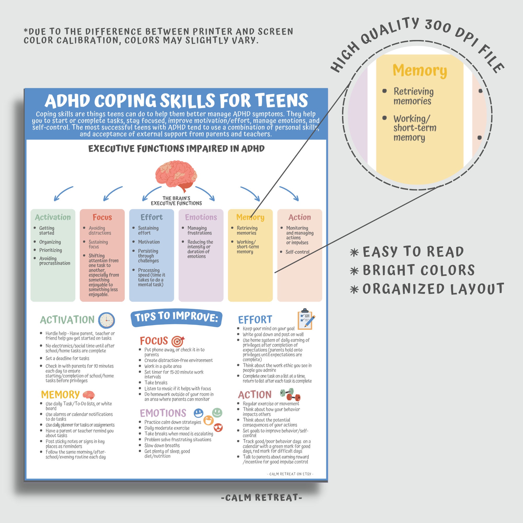 ADHD Coping Skills Handout Poster for Teens, Executive Functioning ...