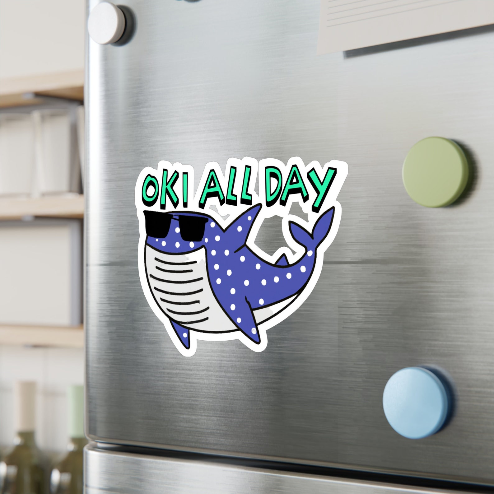 Kawaii Vinyl Sticker "oki ALL Day" Kawaii Whale Shark With Sunglasses ...