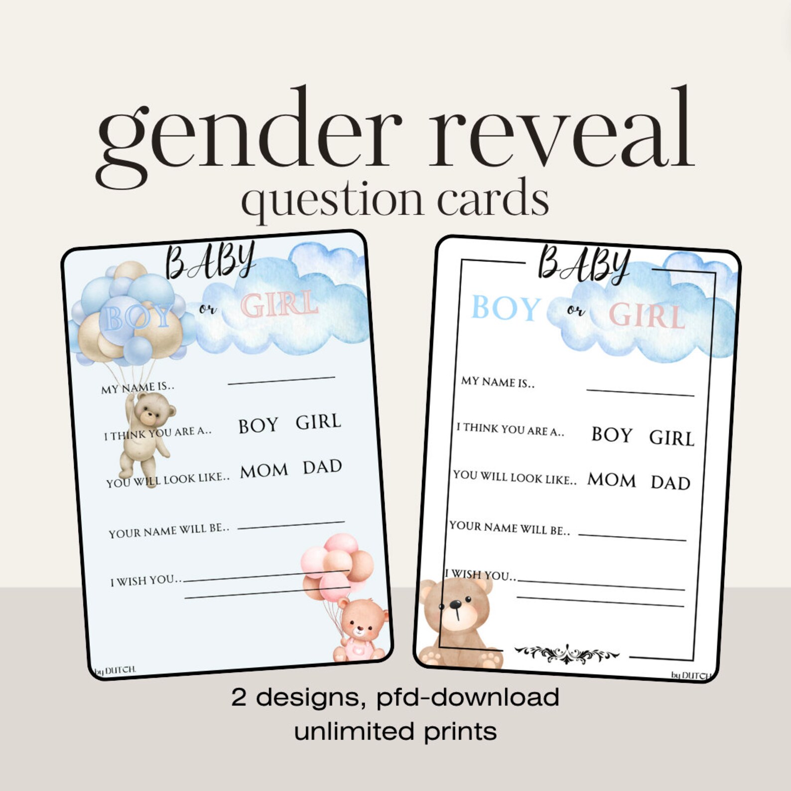 GENDER REVEAL CARD - Boy or Girl - Questions - Pink & Blue Design - Old ...