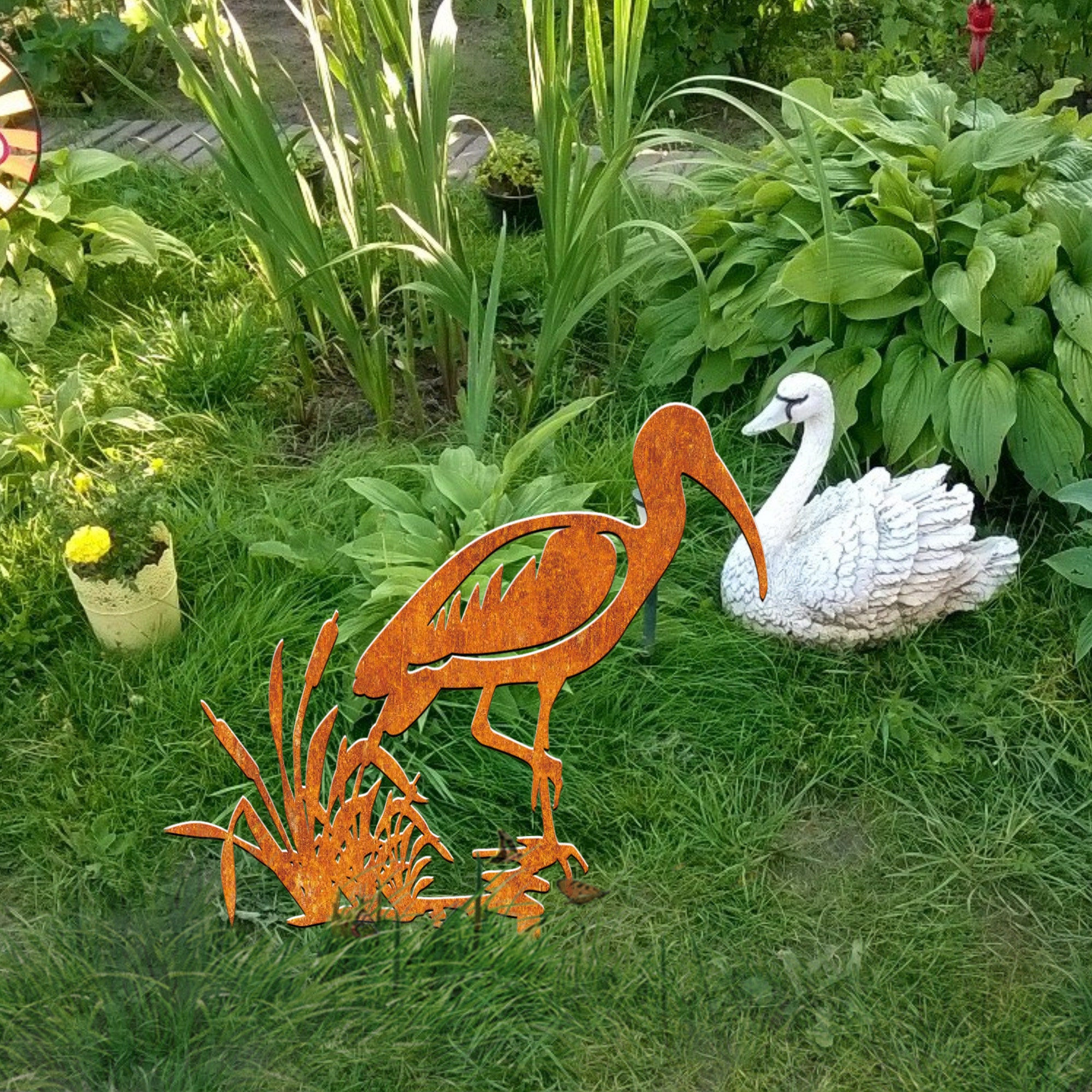 Metal Heron Garden Art, Rusty Garden Stork Decor, Rusty Metal Courtyard ...