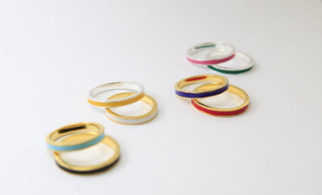 Set of 2 Enamel Band Rings - Silver Enamel Ring - Simple Enamel Band ...