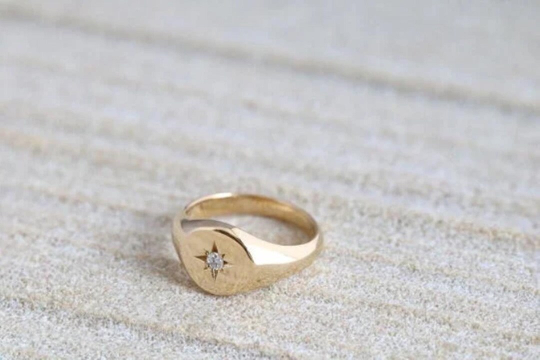 Dainty Signet Ring - Diamond Star Signet Ring - North Star Ring ...