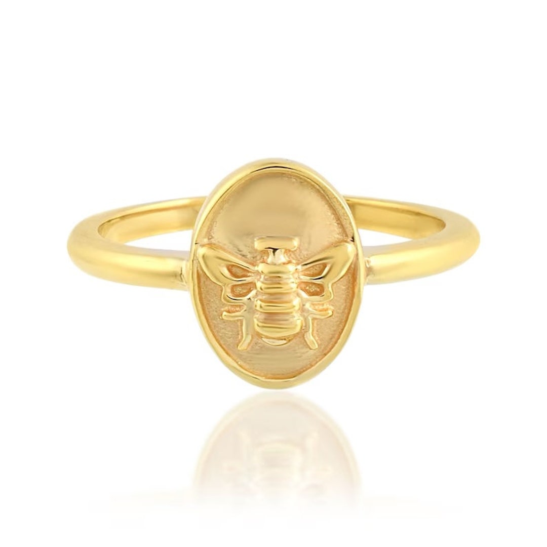 Solid 14k Gold Honey Bee Signet Ring - Queen Bee Ring - Bee Signet Gold ...