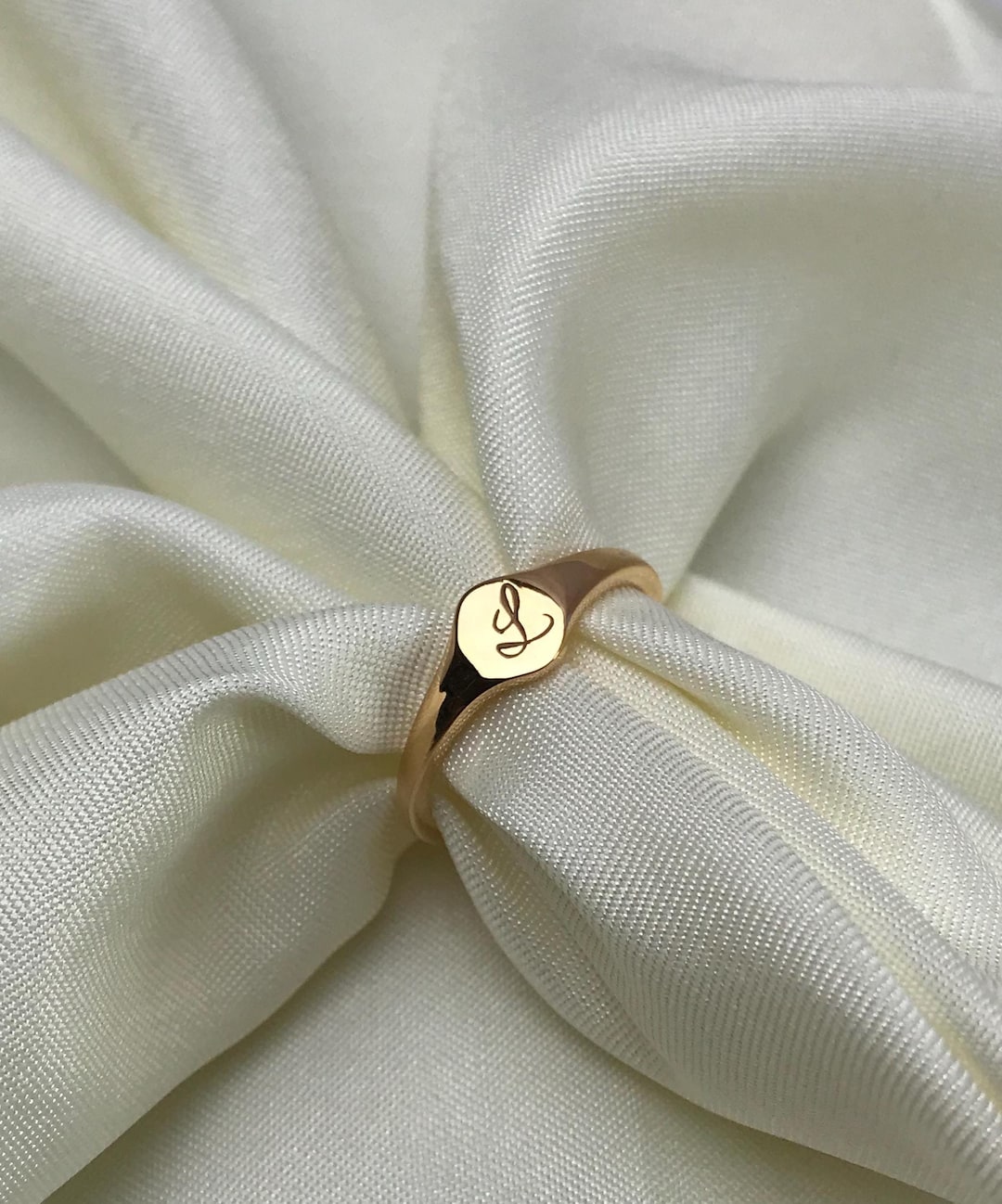 14k Solid Gold & Silver Custom Oval Signet Ring - Dainty Engraved ...