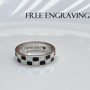 Custom Black & White Checkerboard Rings, Sterling Silver or 14kgold Simple Couple Band Wedding ...