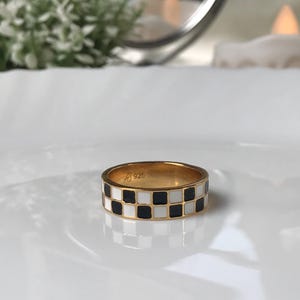 Custom Black & White Checkerboard Rings, Sterling Silver or 14kgold Simple Couple Band Wedding ...