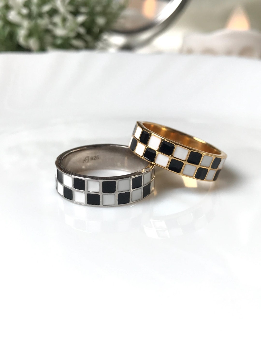 Custom Black & White Checkerboard Rings, Sterling Silver or 14kgold ...