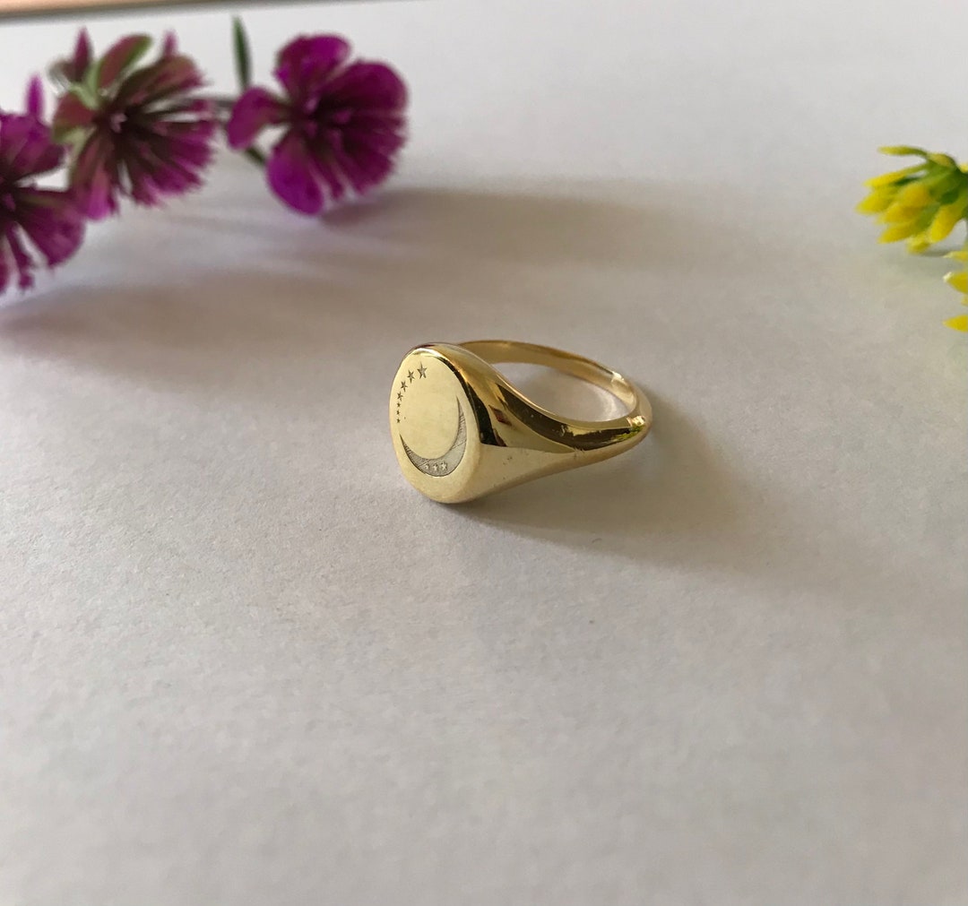 Crescent Moon Star Signet Ring, Gold Round Signet Ring, 925 Sterling ...