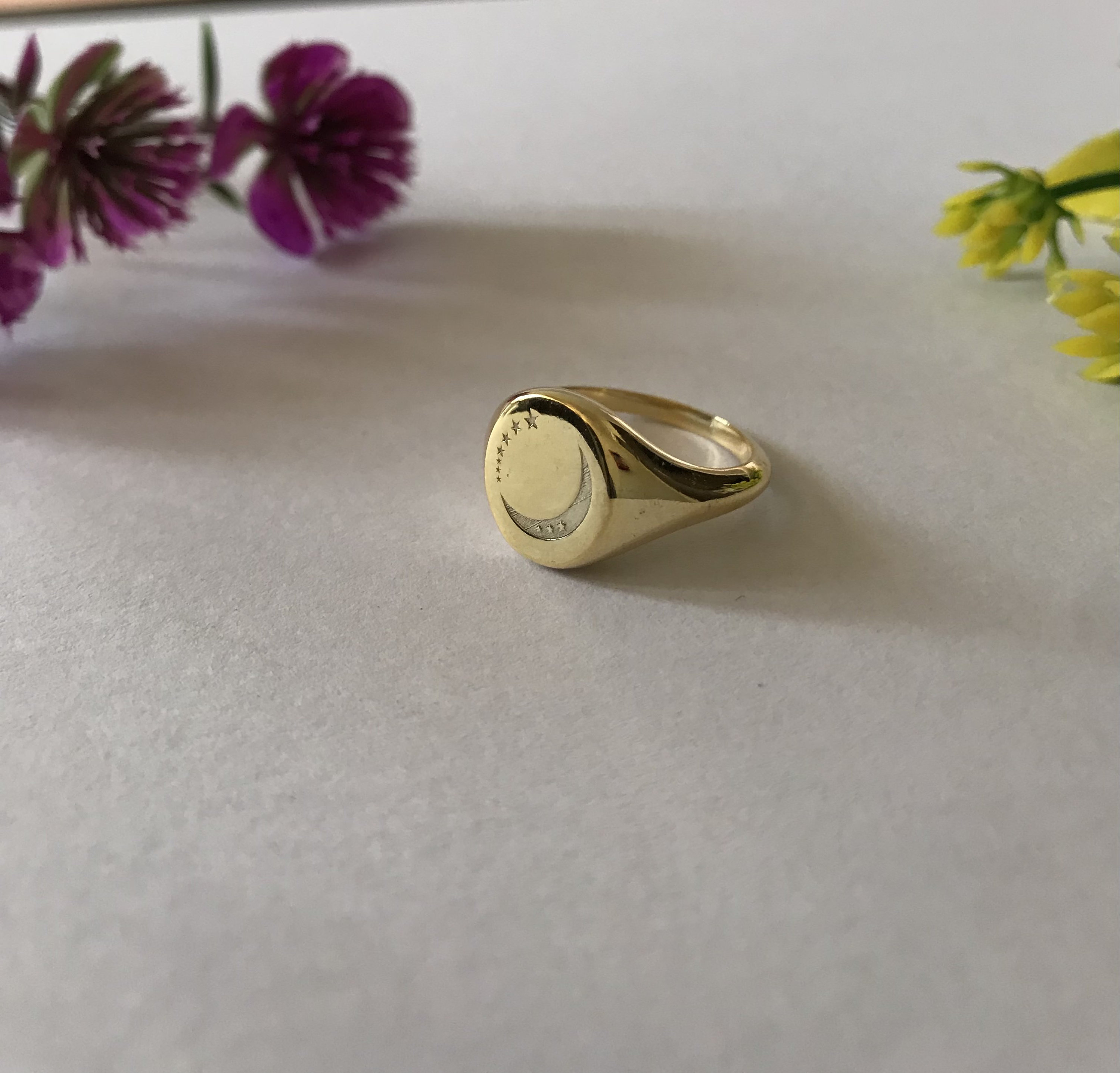 Crescent Moon Star Signet Ring, Gold Round Signet Ring, 925 Sterling ...