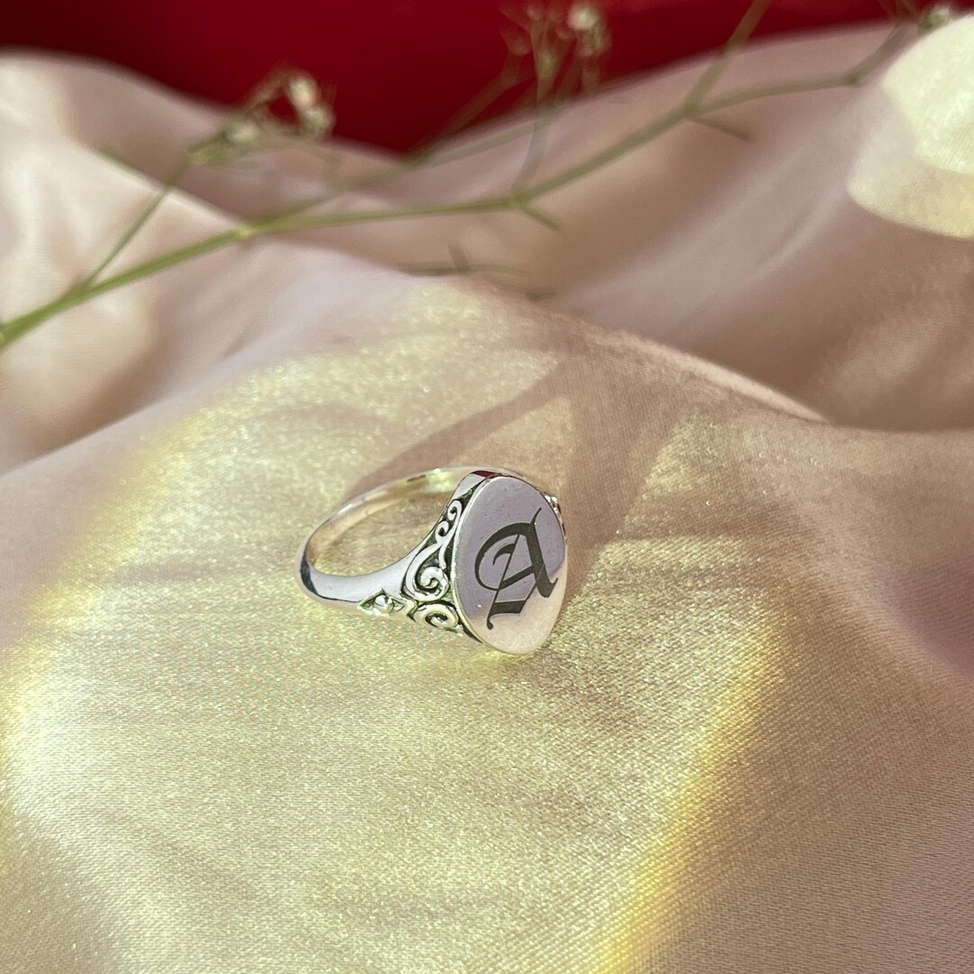 925 Silver Oval Signet Ring, Antique Style Personalized Monogram Ring ...