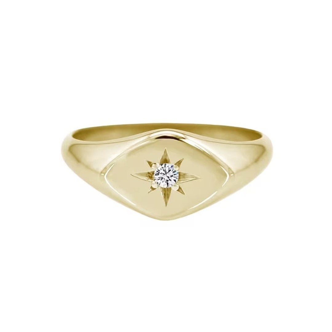 925 Silver Star Signet Ring, Diamond Signet Ring, Dainty Signet Ring ...